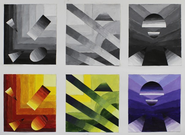 Value/Color design, acrylic on paper, each square 8” x 8” | Sally Jacobs